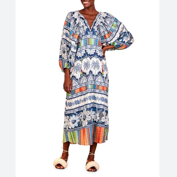 FARM Rio | Dresses | Farm Rio Balloonsleeve Midi Dress Blue Palms Print ...